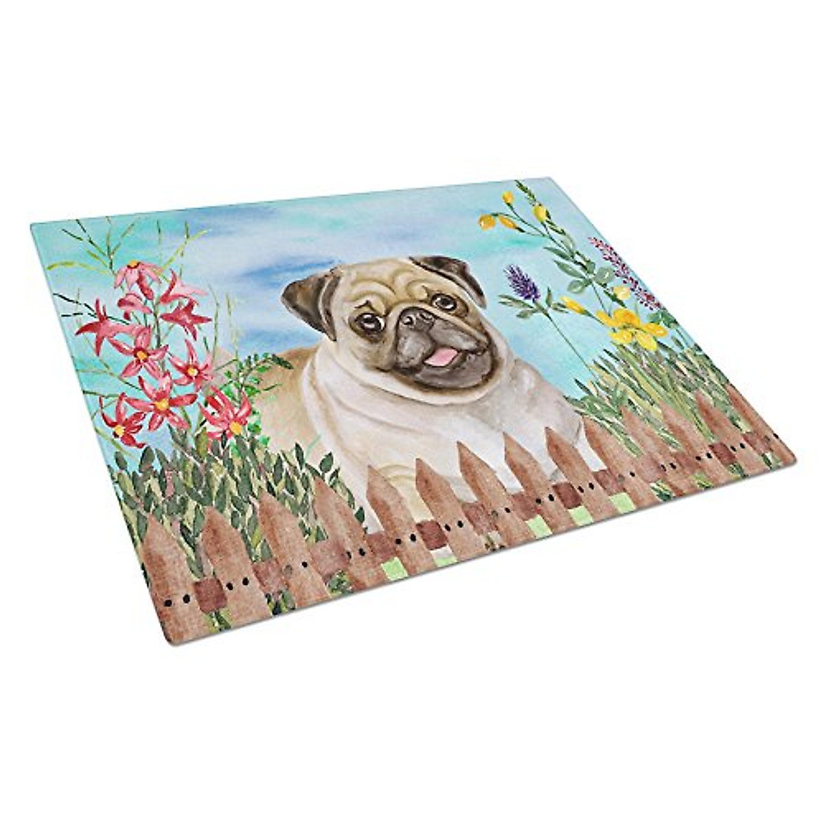 Caroline's Treasures CK1280LCB Fawn Pug Spring Glass Cutting Board Large Decorative Tempered Glass Kitchen Cutting and Serving Board Large Size Chopping Board