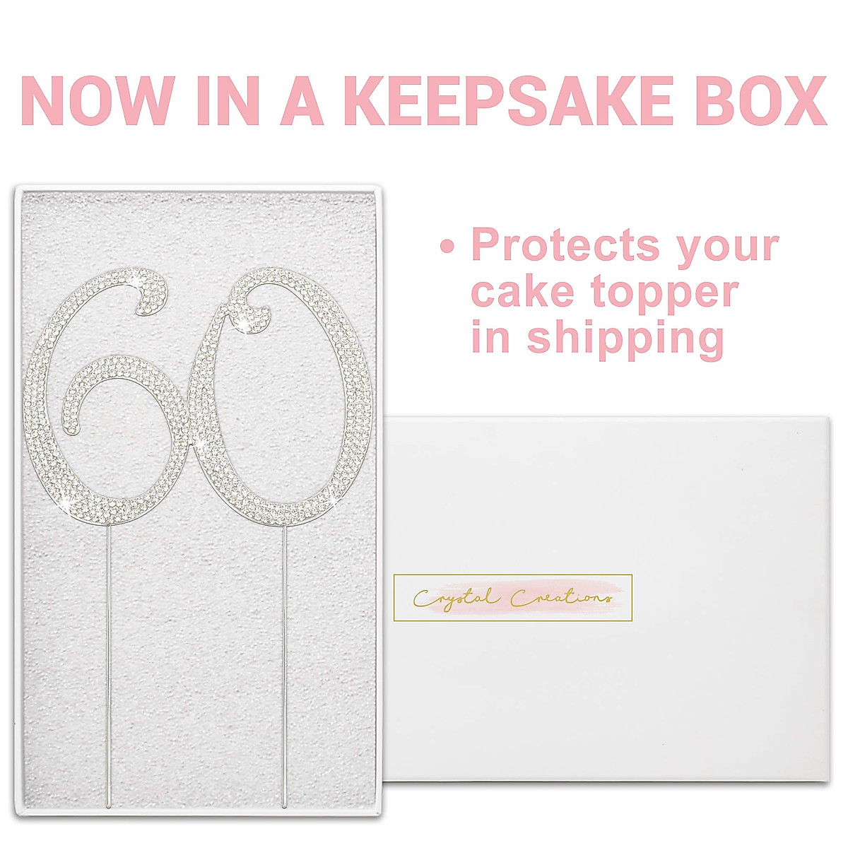 60 Cake Topper - Premium Silver Metal - 60th Birthday or Anniversary Party Sparkly Rhinestone Decoration Makes a Great Centerpiece - Now Protected in a Box