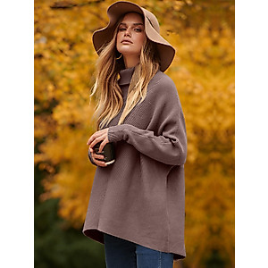 Caracilia Women Turtleneck Batwing Sweaters Oversized Tunic Sweater 2023 Fall Turtleneck High Low Sweater Pullover Knit Jumper Winter Clothes C8A7-doukou-L Brown