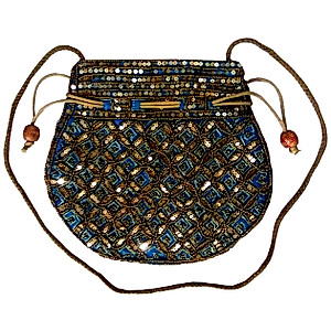 Purpledip Women's Potli Bag (Clutch, Drawstring Purse): Intricate Gold Thread & Sequin Embroidery Satchel, Firozi Turquoise (11806)