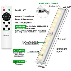 SZOKLED Under Cabinet Lights Battery Operated, Remote Control Closet Light 20-LED, Wireless Counter Lighting, Stick on Touch Night Light for Kitchen Hallway Stairs, Timing & Dimmable, 4 Pack