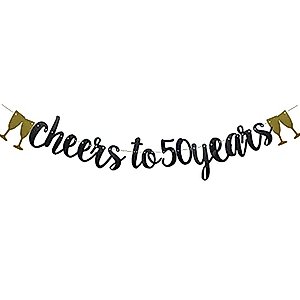 Cheers To 50 Years Banner,Pre-Strung, Black Paper Glitter Party Decorations For 50TH Wedding Anniversary 50 Years Old 50TH Birthday Party Supplies Letters Black ZHAOFEIHN