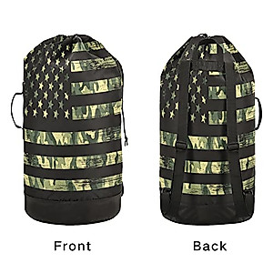 One Bear Camo American Flag Laundry Bag Drawstring Closure Waterproof Durable Backpack Storage Basket Organization Dirty Clothes Bag Laundry Hamper with Shoulder Straps
