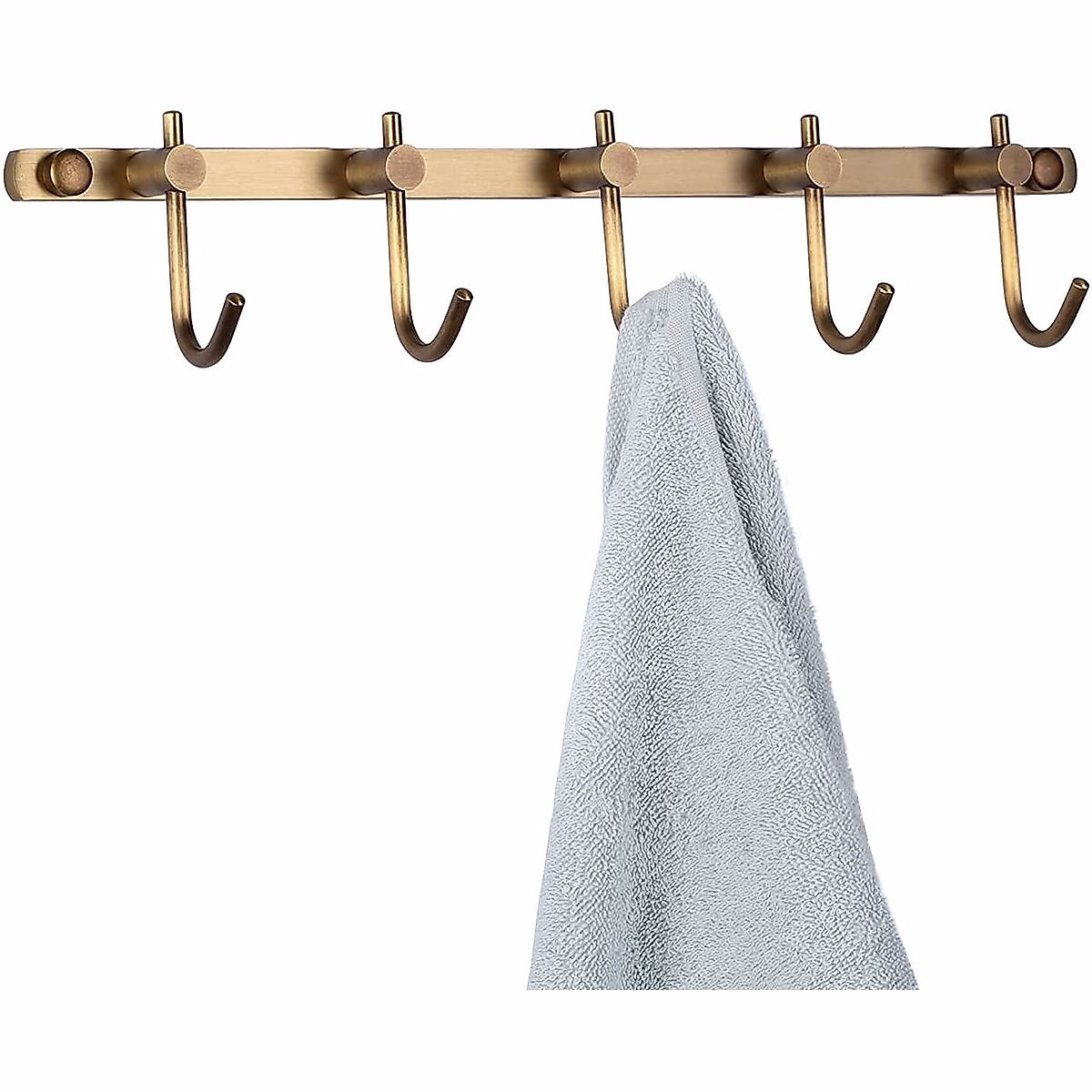 WINCASE Brass Towel Hook Rack, Brushed Brass Wall Hook Rail, Antique Coat Hook Rail Hanger 5 Hooks Bathroom Robe Hooks Wall Mounted