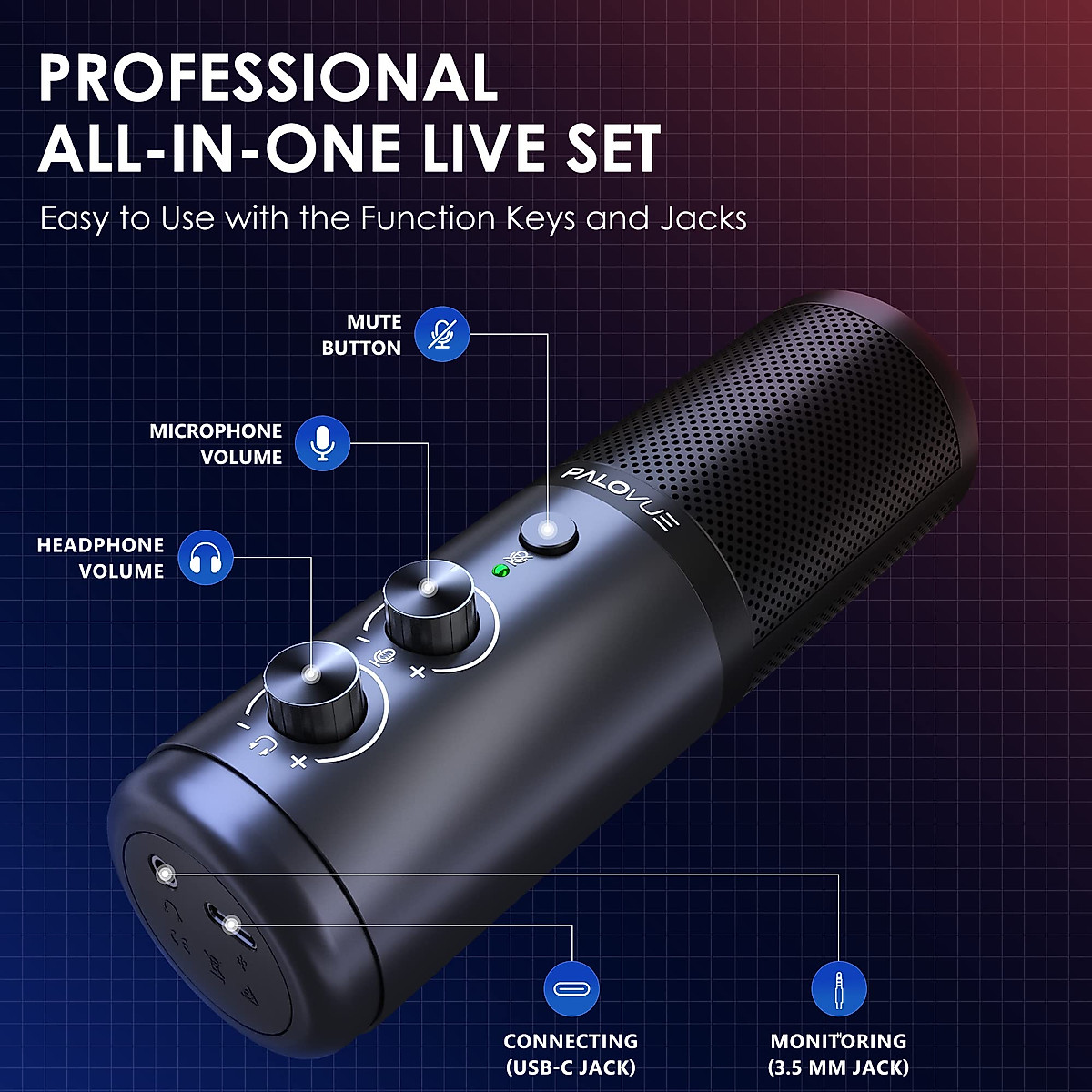 PALOVUE USB Computer Microphone, Condenser Microphone for PC, Gaming, Podcast, with Noise Cancelling Instant Mute, Volume Control, Headphone Output Streaming Mic for Recording Vocals YouTube