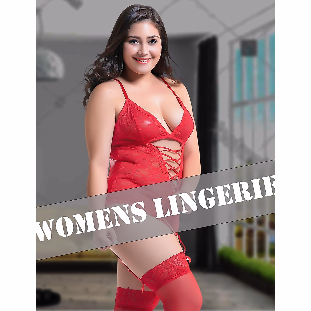 Anyou Lingerie for Womens Lingerie Lace Teddy Plus Size Lingeire Bodysuit Chemise Nightwear with Stockings Size Large Red