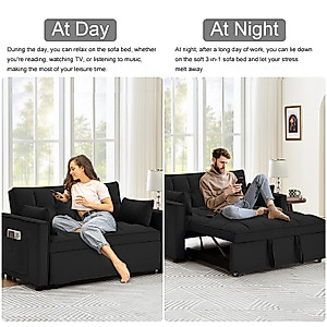 Wakefit 3 in 1 Convertible Sleeper Futon Sofa Bed with 2 Toss Pillows, 55 Inch Velvet Small Loveseat Lounge Couch with Reclining Backrest & Side Pockets for Living Room, Pull-Out Couch, Classic Black