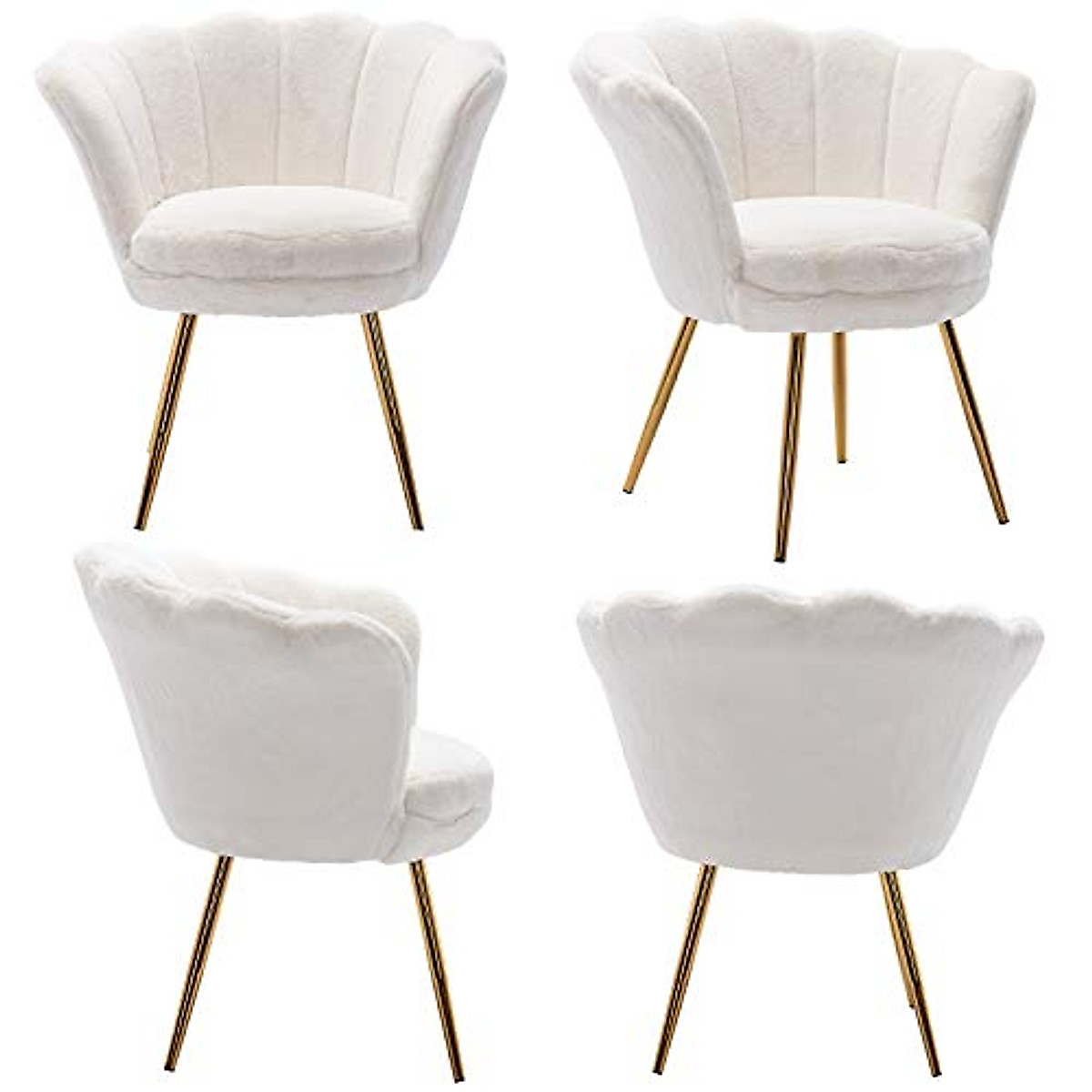 Plush Faux Fur Upholstered Living Room Chair, Comfy Mid-Century Modern Micro Fiber Vanity Chair with Gold Legs, Retro Accent Barrel Dining Chair, White