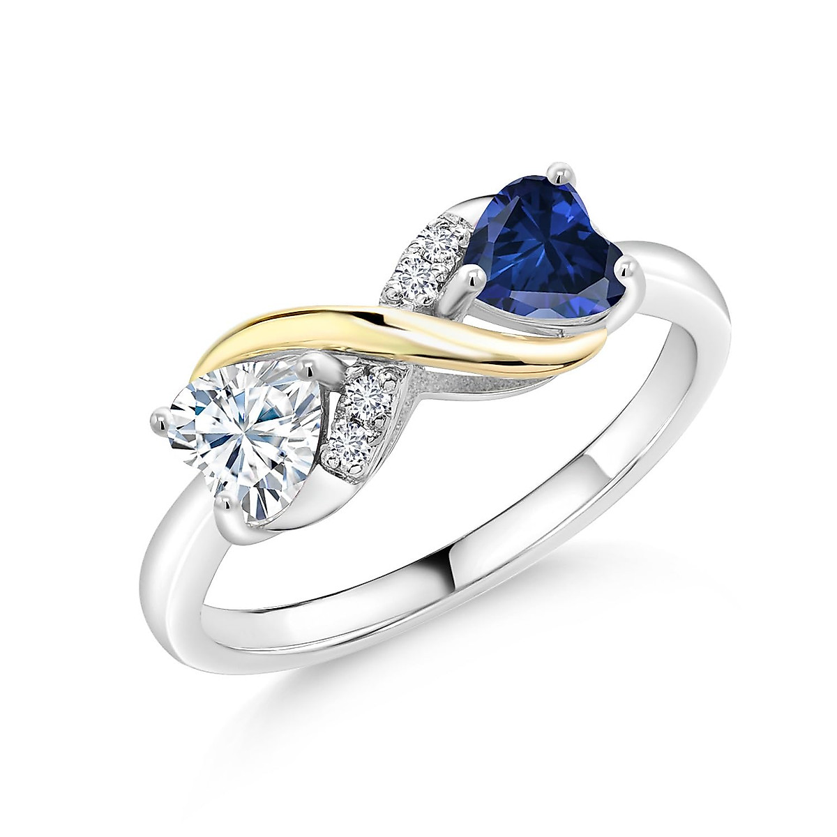Gem Stone King 925 Sterling Silver and 10K Yellow Gold Blue Created Sapphire and White Moissanite (0.96 Cttw, Heart 5MM, Available In Size 5, 6, 7, 8, 9)
