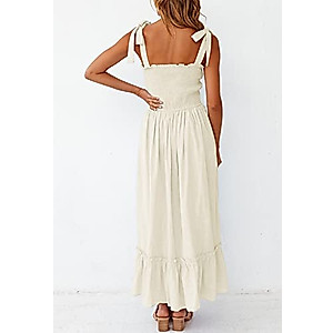 ZESICA Women's 2023 Summer Boho Spaghetti Strap Square Neck Solid Color Ruffle A Line Beach Long Maxi Dress,Apricot,Small