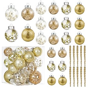 SLK Ornaments Shatterproof, 32 Counts Xmas Plastic Clear Christmas Balls Hanging Tree Glittering Balls with Stuffed Decorations Multi Size Gold
