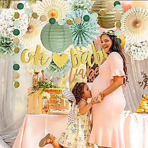 Sage Green Baby Shower Decorations Oh Baby Banner Tissue Paper Pom Poms Flowers Paper Fans Circle Dot Garland Neutral Party Supplies Boy Girl Gender Reveal Birthday Party Decorations