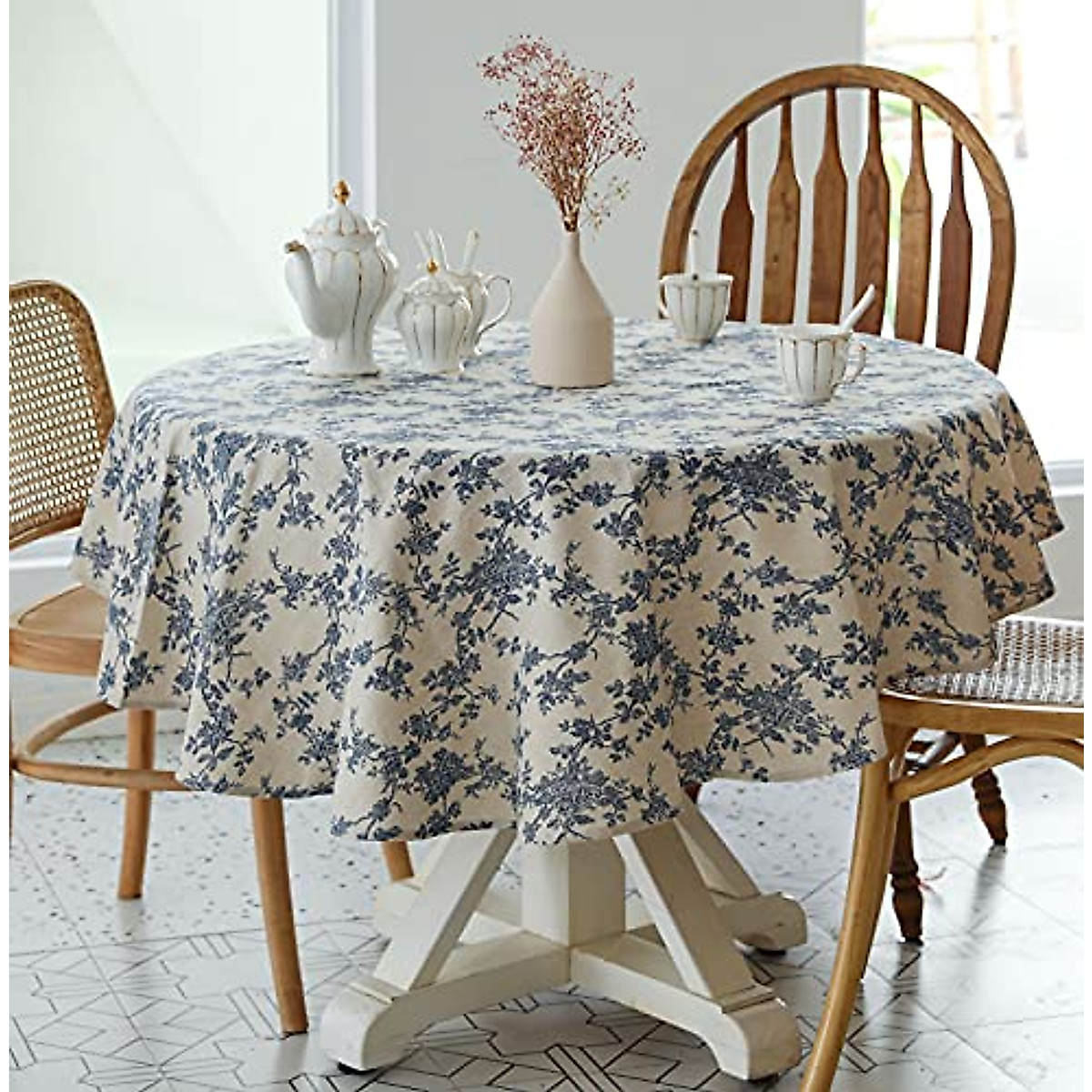 Pastoral Round Tablecloth - 60 Inch Dia. - Linen Fabric Table Cloth - Washable Table Cover with Dust-Proof Wrinkle Resistant for Restaurant, Picnic, Indoor and Outdoor Dining, Floral (Dark Blue)
