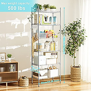 Auslar Metal Storage Shelves 6 Tier Wire Shelving Unit - Metal Racks for Storage with Adjustable Level Feet and Hanging Hooks, Chrome, Grey (24.26" L x 11.5" D x 63" H)