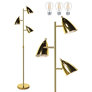 Tree Floor Lamp for Living Room, Industrial 3-Light Standing Lamp with 3 LED Bulbs, Adjustable Rotation Heads, Standing Tall Pole Lamp Farmhouse Rustic Reading Lamps for Bedroom Office (Gold)