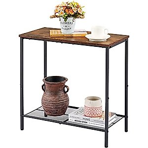 Hoctieon 2 Tier End Table, Sofa Side Table, Narrow Side Table with Storage, Slim Nightstand for Small Spaces, Metal Frame, for Living Room, Bedroom, Sofa Couch, Hall, Rustic Brown
