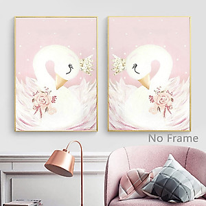 Bfgsrtcbox White Swan Decor Art Gold Crown Wall Art Pink Swan Princess Posters Canvas Painting Baby Girls Room Wall Prints