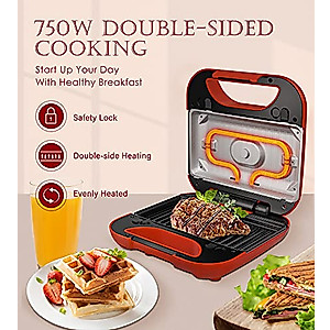 Omaiga Sandwich Maker 3 in 1, Waffle Maker, 750W Electric Panini Press Grill with Non-stick Removable Plates, Sandwich Press with LED Indicator Lights, Anti-Skid Feet, Portable Handle