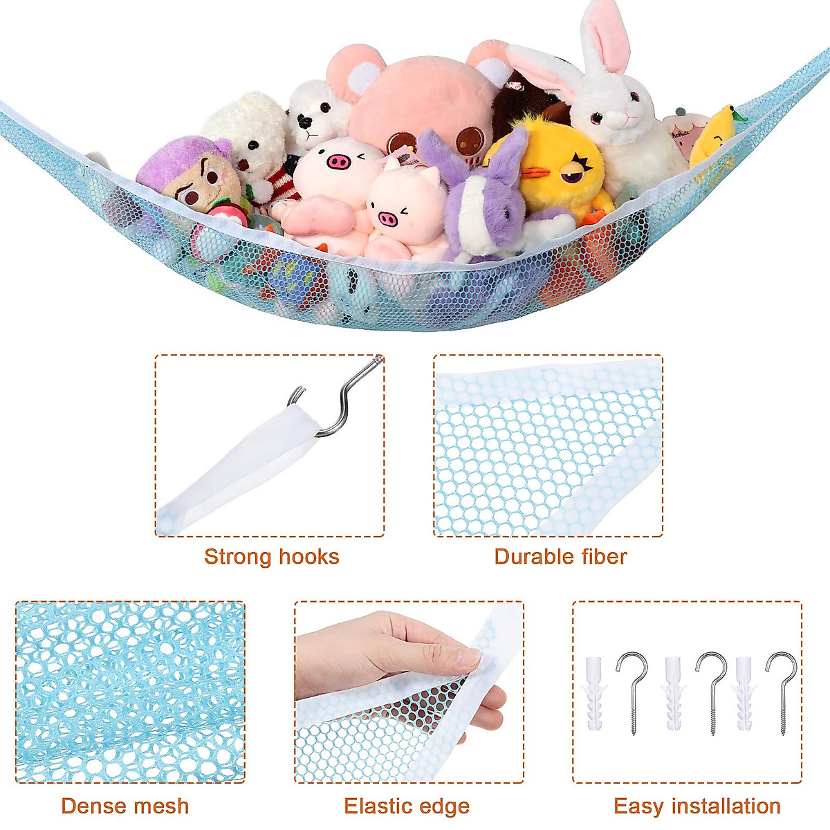 4 Pieces Stuffed Animal Hammocks Stuffed Toy Storage Hammock Nets Jumbo Wall Sling Corner Mesh Toy Organizer, Doll Hanging Net with Hooks for Bedroom Playroom Plush (Black, Blue, White, Pink)