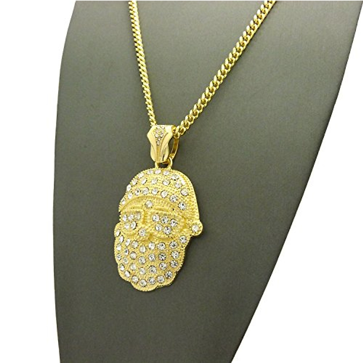 Fashion 21 Iced Out Santa Face Inspired Pendant 24" Various Chain Necklace in Gold Color Plated (4mm 24" Cuban Chain)