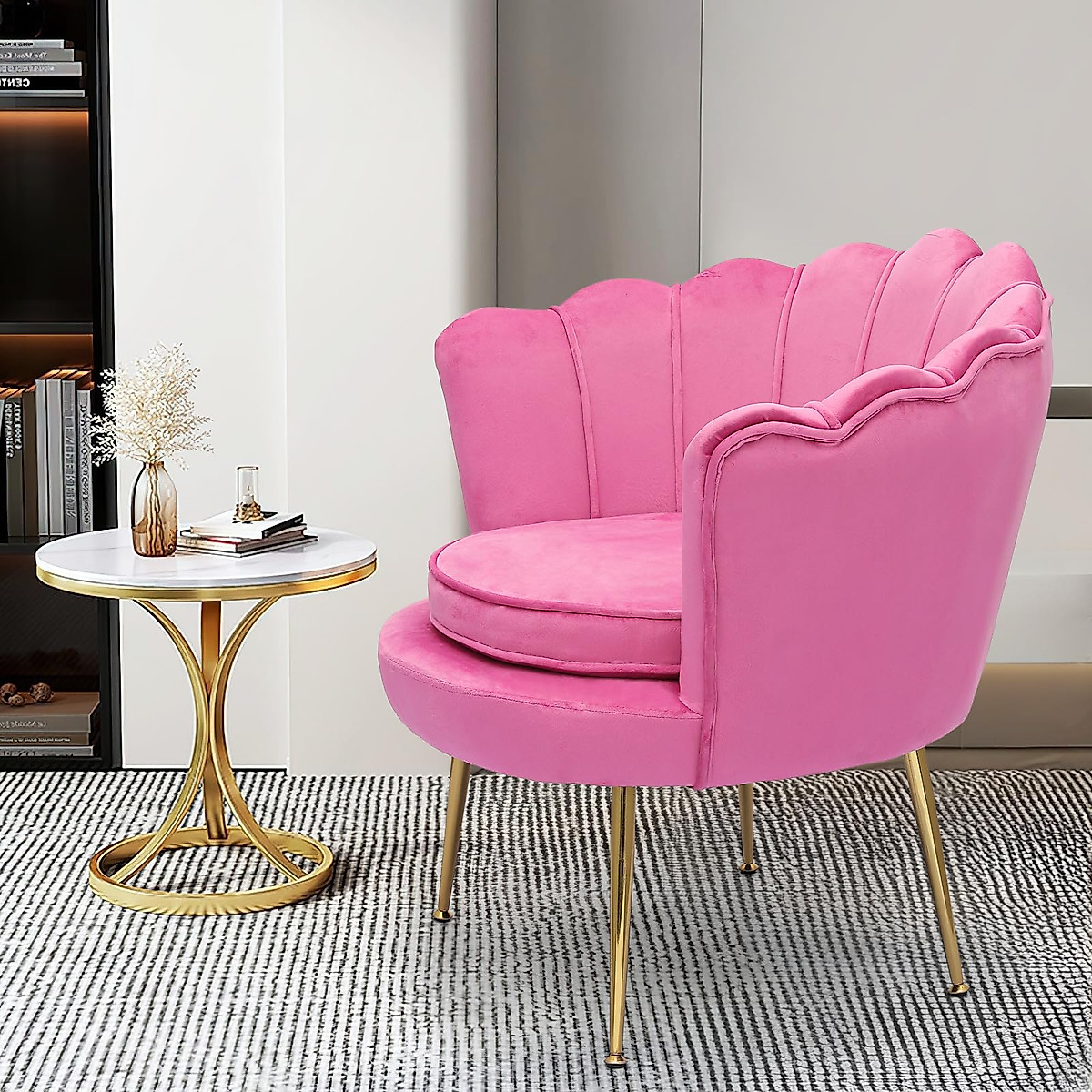 MoNiBloom Upholstered Velvet Accent Chair Elegant Mid-Century Modern Pink Shell Chair w/Cushion and Golden Legs, Retro Leisure Tufted Flower Chair for Living Room Bedroom Reading Areas