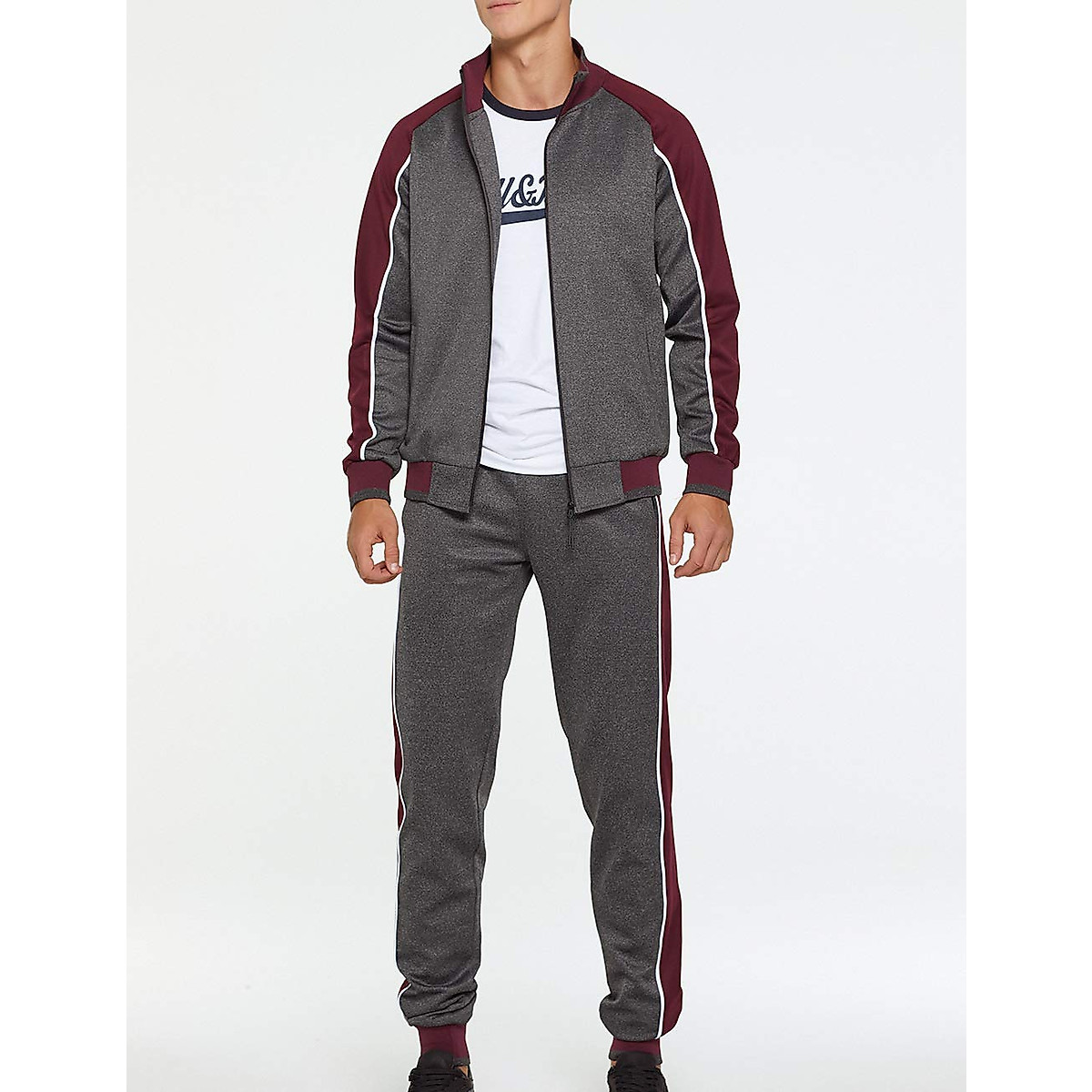 DUOFIER Men Long Sleeve Jogging Suit Zipper Top Tracksuit Sport Set Casual Comfy Sweatsuits with Pockets, Gray-2XL XX-Large