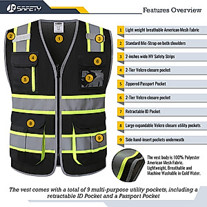 JKSafety 9 Pockets Hi-Vis Mesh Safety Vest for men and women | Chaleco reflectante de seguridad | Zipper Front | Multiple Pockets | Class 1 (140-Black L)