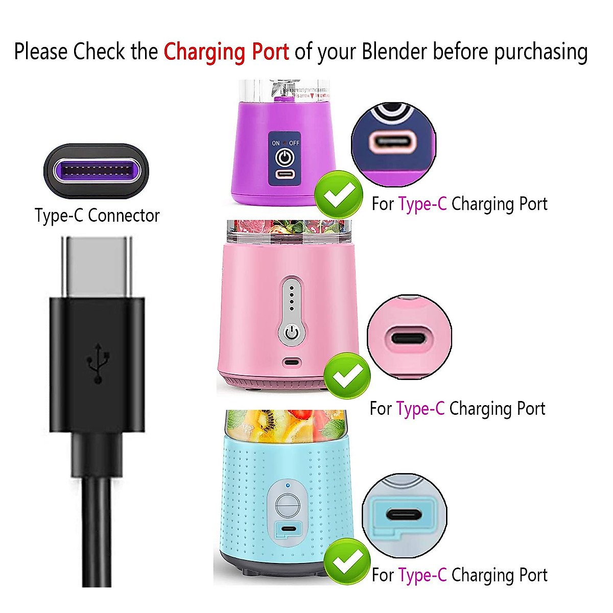 Portable Blender Charger Cord, USB Charging Cable Cord Compatible with PopBabies/Supkitdin/Aoozi/Mialoe/OBERLY Portable Blender Smoothie Blenders Personal Size Blender