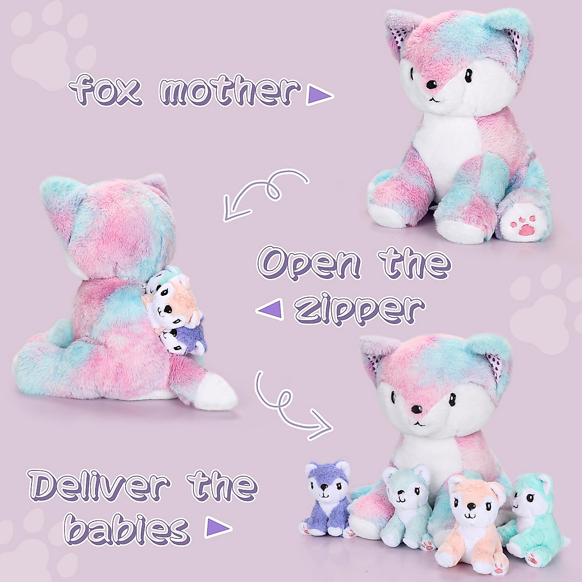 Smikawy Fox Stuffed Animal Set - Fluffy Rainbow Fox Toys Family, Perfect for Christmas or Birthday Gifts for Girls & Boys