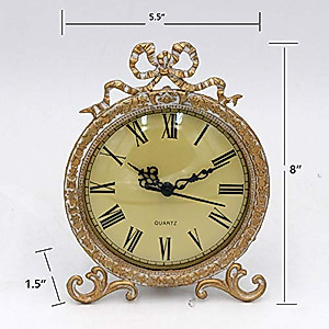 Funly mee Vintage Pewter Table Clock with Antique Golden Bow（Plexiglass Shell）