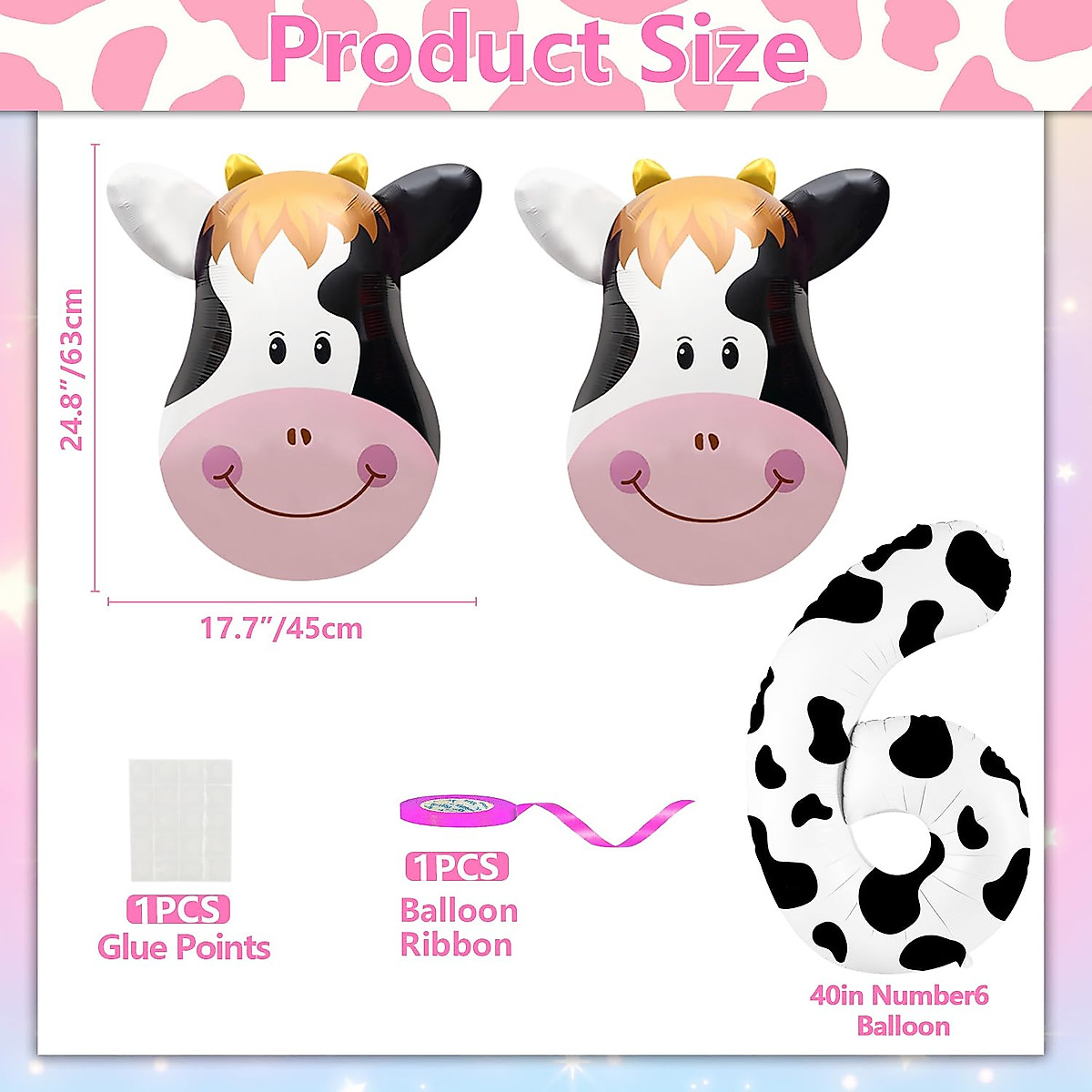 7Pcs Cow Balloons - Cow Print Balloon Huge Cow Head Walking Cow Balloons Number 6 Balloon Cow Decorations for 6th Birthday Farm Animal Birthday Decorations Western Cowboy Theme Party Decoration