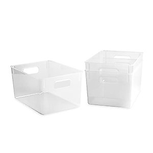 Isaac Jacobs 3-Pack Large Clear Storage Bins (11” L x 8” W x 6” H) with Cutout Handles, Plastic Organizer for Home, Office, Kitchen, Fridge/Freezer, Drawers, BPA Free, Food Safe (3-Pack, Large)