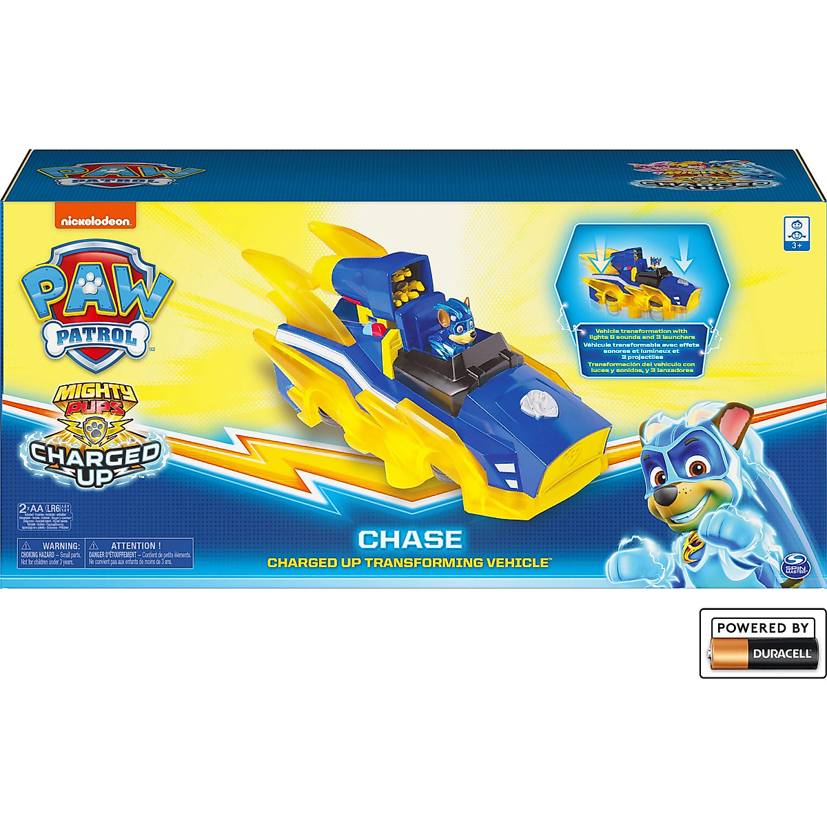 Paw Patrol, Mighty Pups Charged Up Chase Transforming Deluxe Vehicle Preschool Toy with Lights and Sounds