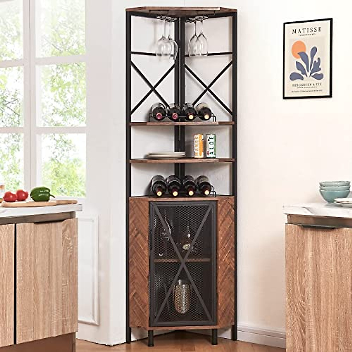HOMISSUE 5-Tier Corner Shelf with Cabinet, Multipurpose Corner Shelf with Wine Rack and Bar Cabinet, Free Standing Corner Storage Cabinet for Living Room, Home Bar, Home Office, Balcony, Brown