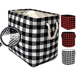 Large Rectangular Decorative Storage Bins Foldable Laundry Hamper Baskets Buffalo Grid Pattern with Rope Handles for Blankets, Toys, Nursery, White Black Grid, L
