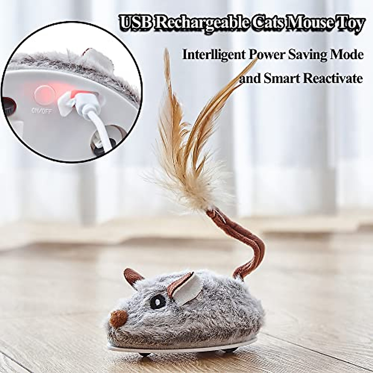 Vealind Interactive Cat Toys with Feather Tail, USB Rechargeable Cat Mouse Toy Automatic Moving for Indoor Cats Hunting and Exercise (Grey)