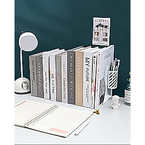 Adjustable Bookends, Metal Bookends for Heavy Books, Shelves, 2 Dividers, Expandable Book Organizer with Pen Holder for Desk, Office (19 inches Max) for 6 7 8 9-15 Boys, Girls, White