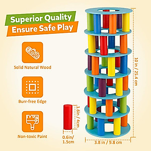 Coogam Wooden Tower Stacking Game, Fine Motor Skill Montessori Building Blocks with Dice Toppling Leaning Tower Toy Party Family Games for Kids and Adults