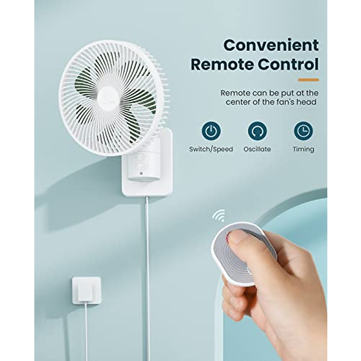 LEMOISTAR 8 Inch Small Wall Mounted Fan with Remote Control,AC/DC(12V), 90°Oscillating, 4 Speeds, Timer, Adjustable Tilt, 70-Inches Cord Ultra Quiet, for Home Office Bedroom Garage RV Camping-White