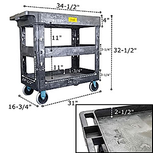 550lb Capacity Heavy Duty Plastic Utility Cart 34-1/2" L x 16-3/4" W with Handle 3 Shelves Pake Handling Tools