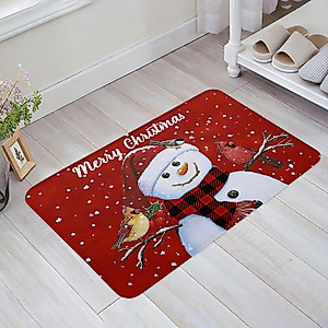 Christmas Bath Rugs Christmas Snowman Sponge Doormat Absorbent Non Slip Backing Durable Soft Flannel Mat Red Cardinals Winter Snowy Christmas Memory Foam Mats for Bathroom Kitchen 16 x 24 inches