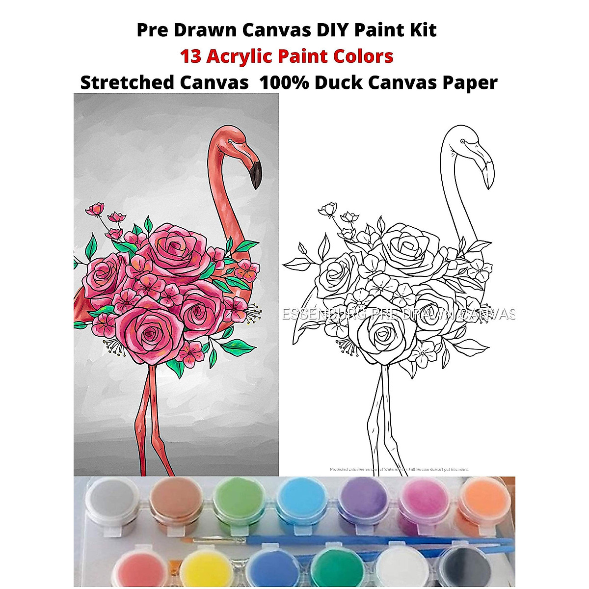 Essenburg Pre Drawn Canvas Flower Flamingo Paint Kit | Adult & Teen Sip and Paint Party Favor | DIY Date Night Couple Activity FLAMINGO (S 8x10 CANVAS ONLY)