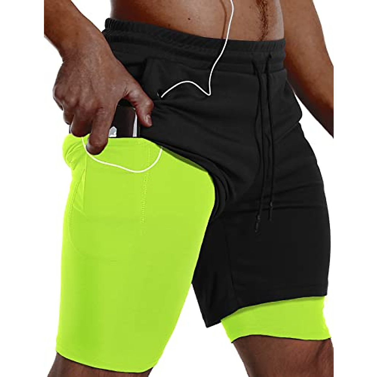 JWJ Mens 2 in 1 Running Shorts Quick Dry Gym Athletic Workout Clothes with Side Pockets,Green Large