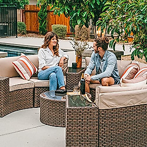 SUNSITT Outdoor Sectional Set 11-Piece Half Moon Patio Furniture Brown Wicker Sofa Beige Cushions with 4 Side Table and 4 Pillows