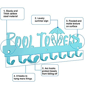 Pool Towel Rack with 8 Hooks, Towel Holder Wall Mounted for Outdoor or Bathroom, Towel Hanger for Hanging Bathrobes, Towels, Clothes - Perfect Pool Area Outside Sign and Decor (Blue)