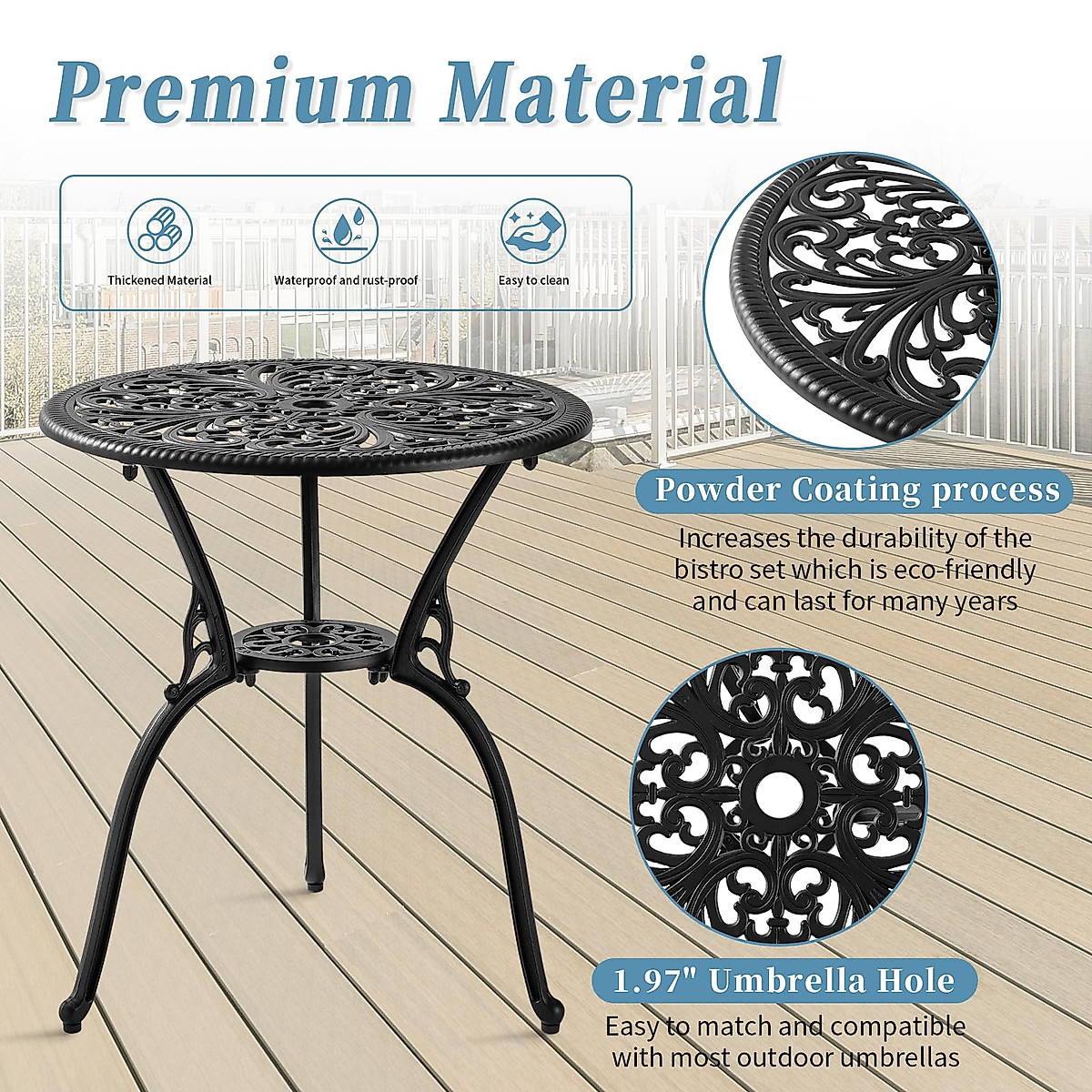 Withniture 3 Piece Bistro Patio Set Cast Aluminum Bistro Table and Chairs Set of 2 with Cushion,Outdoor Bistro Table Set with Umbrella Hole,All Weather Patio Furniture Set for Garden,Black