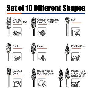 10Pcs Carbide Burr Bits Set Compatible with Dremel 1/8", Rotary Tool Bits with Double-Cut Design, Die Grinder Bits Accessories for Metal Aluminum Wood Stone Steel Plastic Carving Cutting Grinding