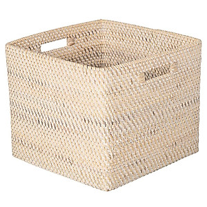 Loma Square Rattan Storage Basket with Cut-Out Handles - White-Wash - Coastal-Inspired Handwoven Rattan Basket for Home Organization & Décor