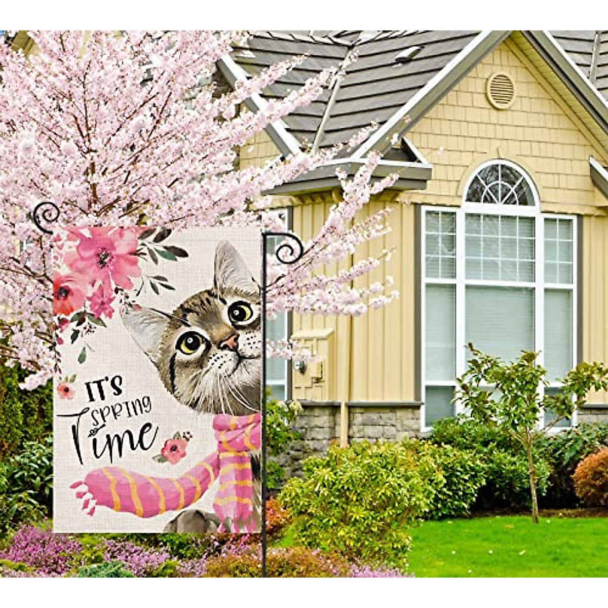 Spring Garden Flag for Outside 12x18 Double Sided,Cat with Sakura Scarf Small Yard Flag,Summer Seasonal Decors for Outdoor Anniversary Wedding Farmhouse Holiday