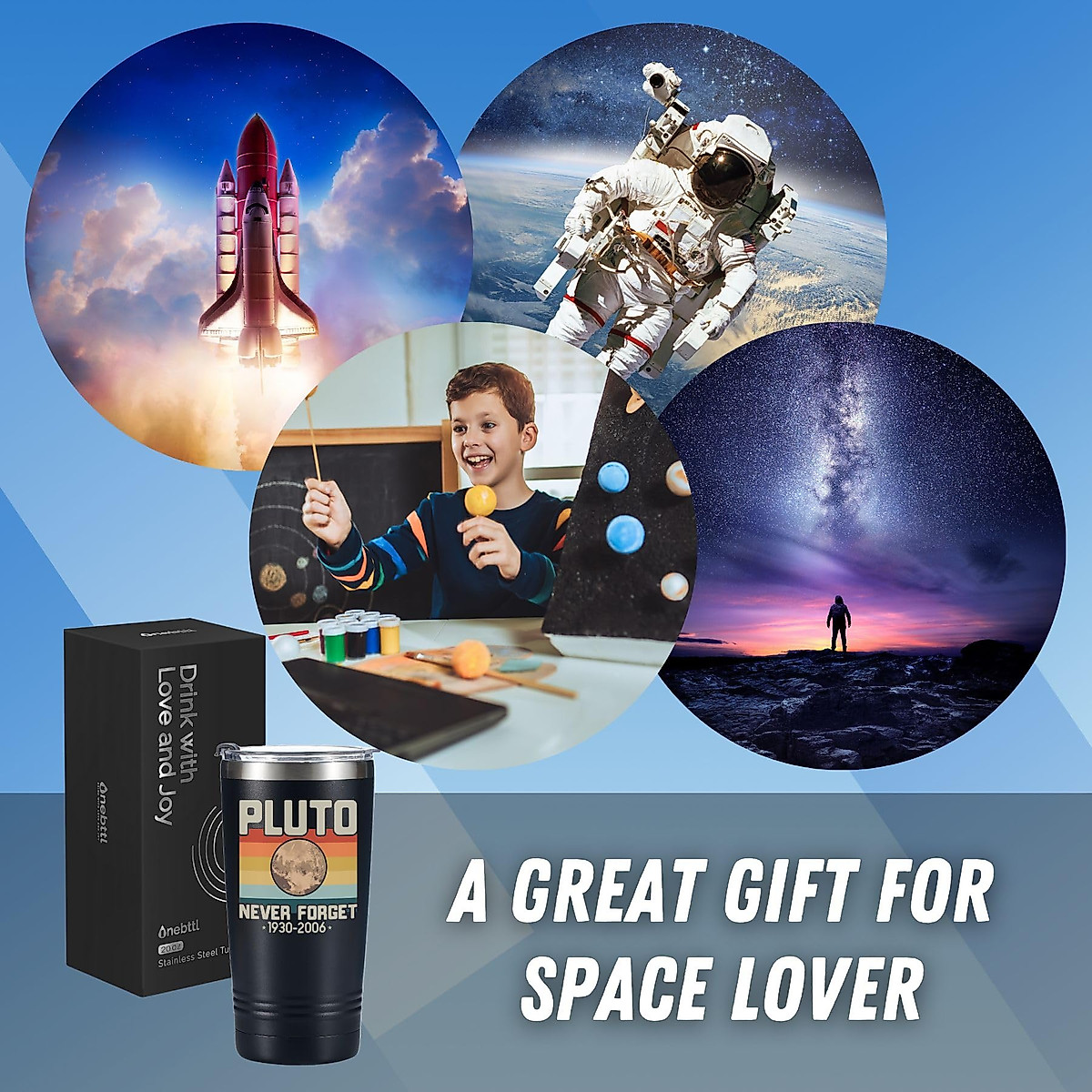 Onebttl Pluto Gifts Space Astronomy Tumbler Travel Coffee Mug, Astronauts Gifts for Astronomy Space Lover, Men, Boys, Christmas, Birthday, Stainless Steel Insulated 20oz/590ml